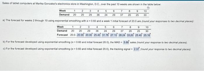 Solved a) The forecast for weeks 2 through 10 using | Chegg.com