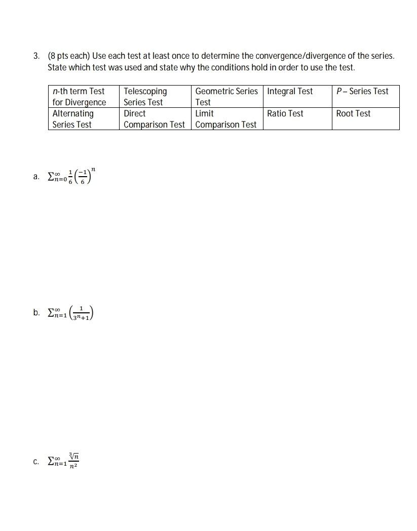 Solved 3. (8 pts each) Use each test at least once to | Chegg.com