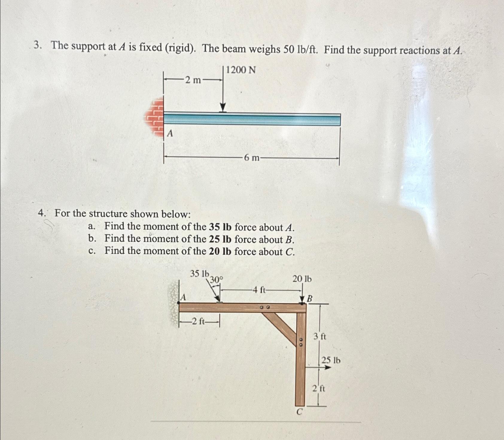 Solved The support at A ﻿is fixed (rigid). ﻿The beam weighs | Chegg.com