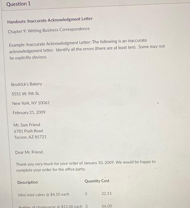 Solved Question 1 Handouts: Inaccurate Acknowledgment Letter | Chegg.com