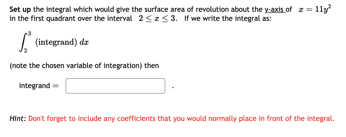 Solved Set up the integral which would give the surface area | Chegg.com