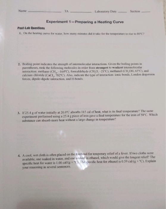 Solved Name TA Laboratory Date Section Experiment 1 - | Chegg.com