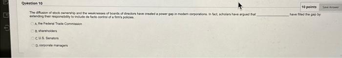 Solved Question 10 The diffusion of stock ownership and the | Chegg.com