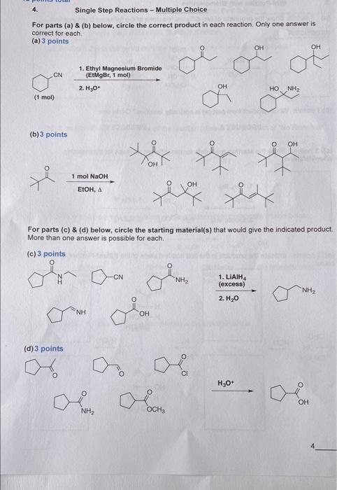 Solved 4. Single Step Reactions - Multiple Choice For parts | Chegg.com
