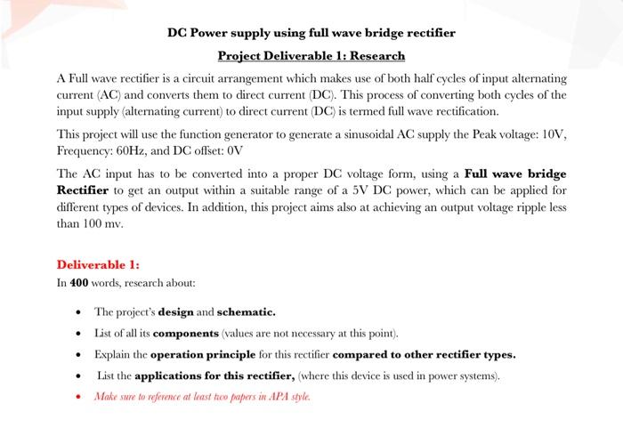 Solved Project Deliverable 1: Research A Full wave rectifier | Chegg.com