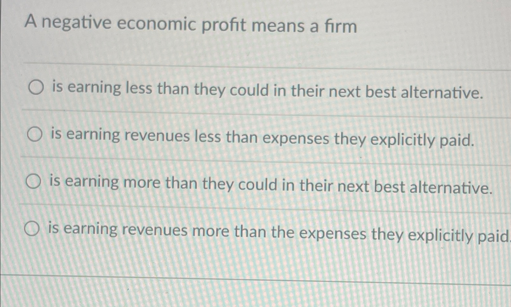 Solved A negative economic profit means a firmis earning | Chegg.com