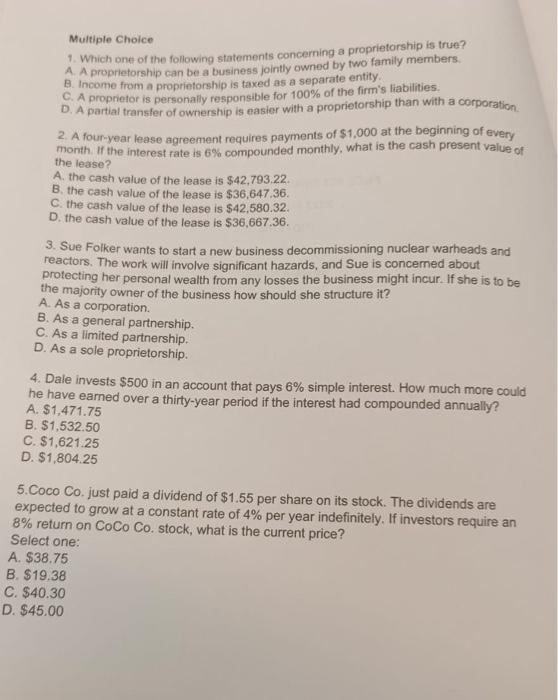 Solved Multiple Choice 1. Which one of the following | Chegg.com