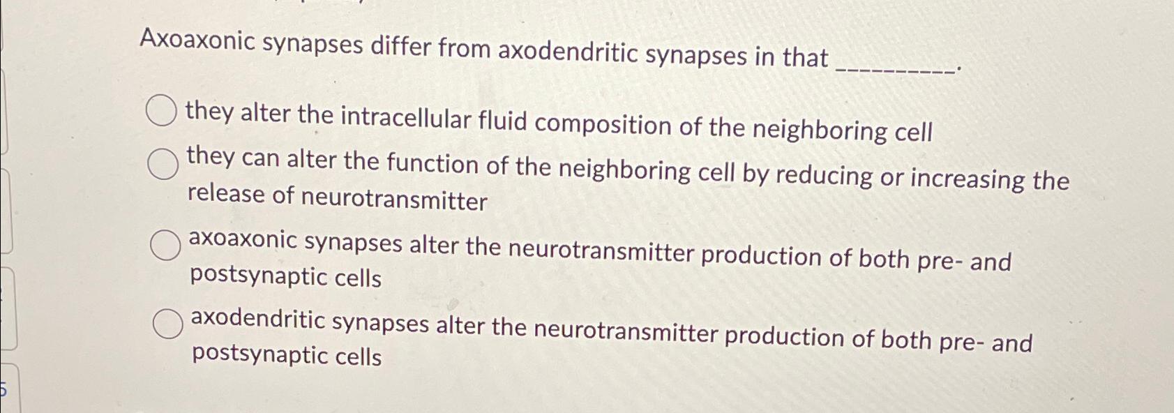 Solved Axoaxonic synapses differ from axodendritic synapses | Chegg.com