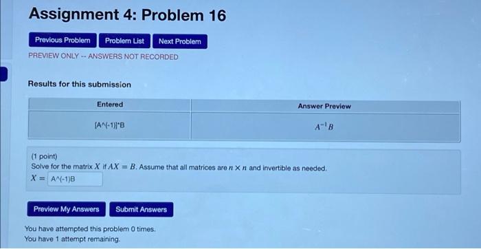 Solved Assignment 4: Problem 16 Previous Problem Problern | Chegg.com