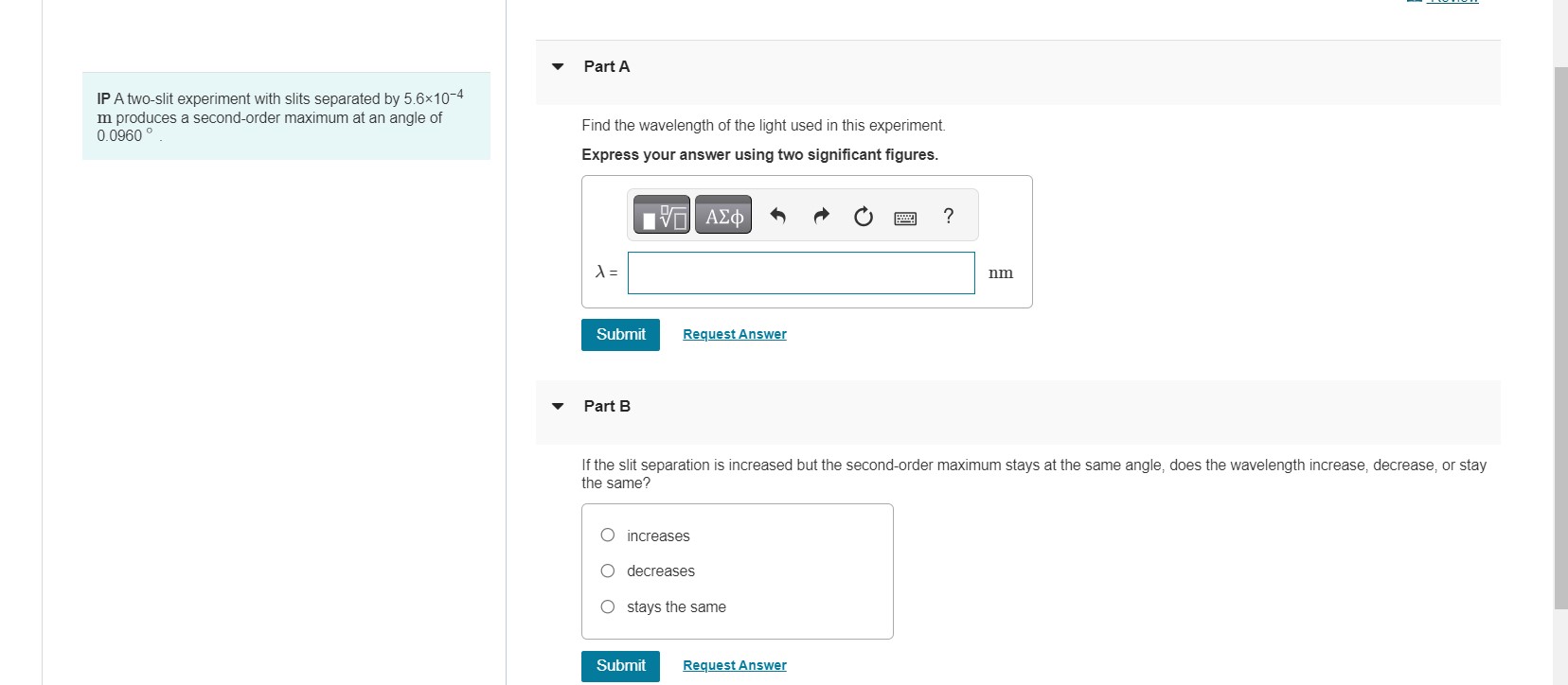 Solved IP A two-slit experiment with slits separated by | Chegg.com