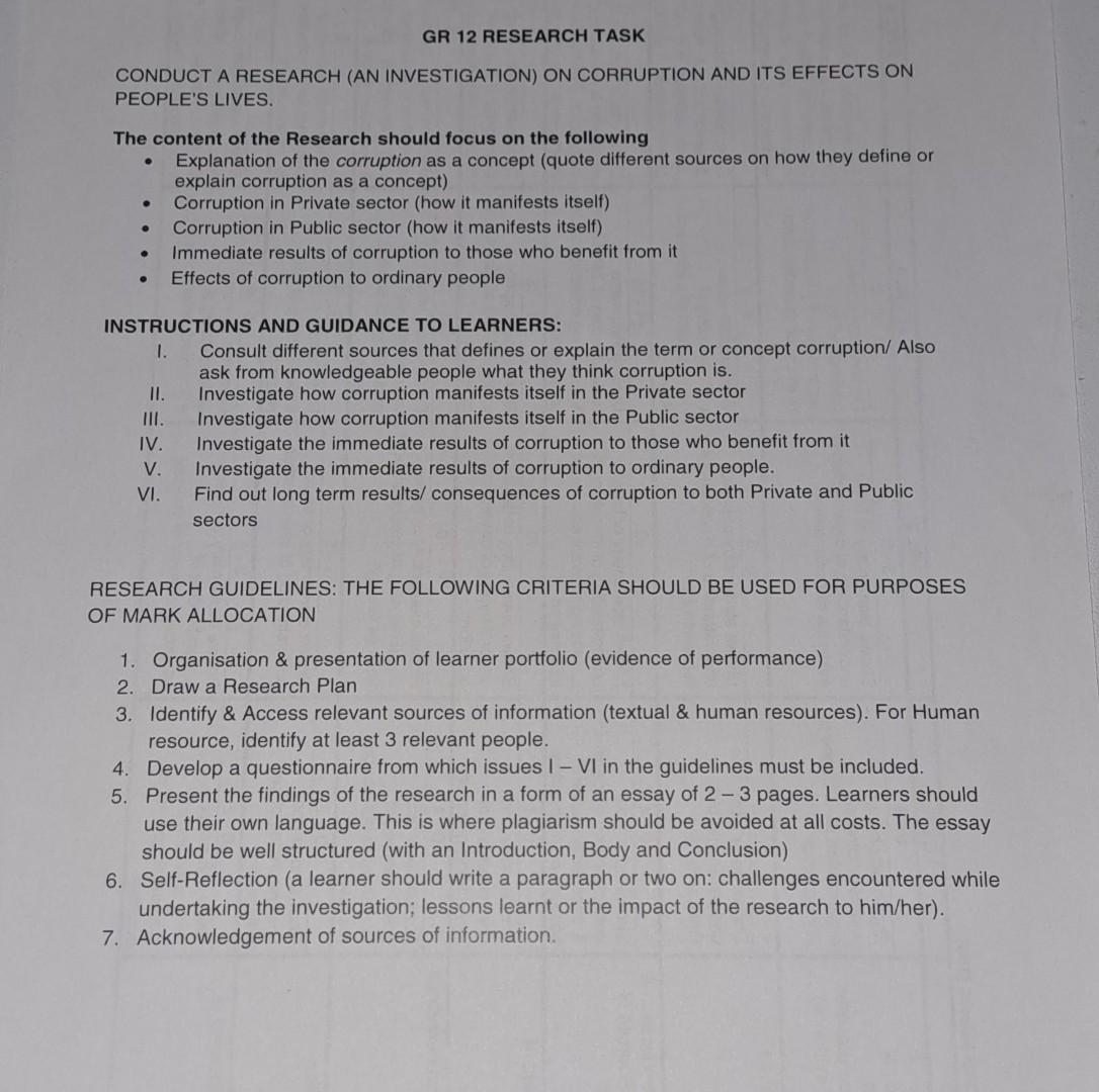 CONDUCT A RESEARCH (AN INVESTIGATION) ON CORRUPTION | Chegg.com