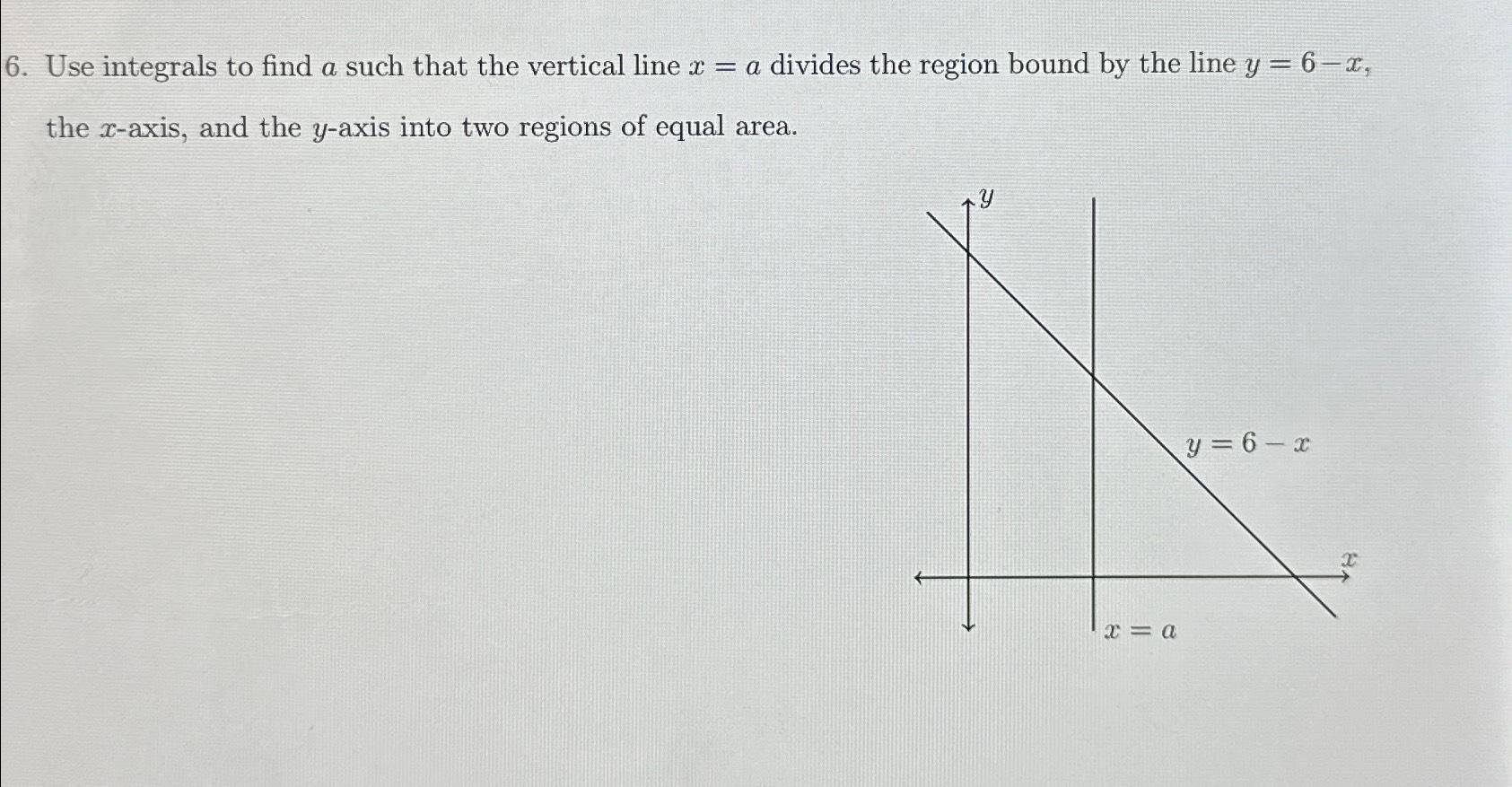 Solved Use integrals to find a such that the vertical line | Chegg.com