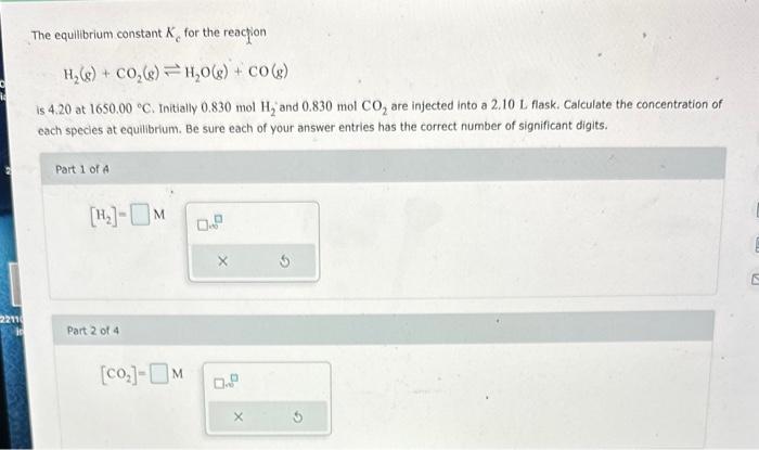 Solved The equilibrium constant Kc for the reaction H2( | Chegg.com