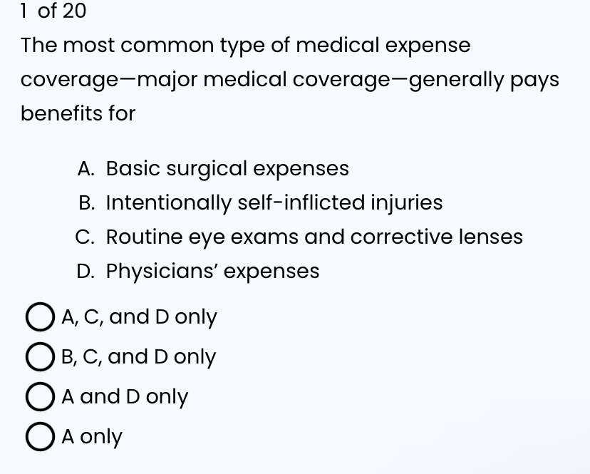 Solved 1 ﻿of 20The most common type of medical expense | Chegg.com