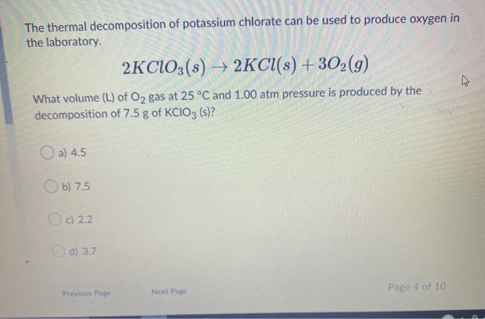 Solved The thermal decomposition of potassium chlorate can | Chegg.com