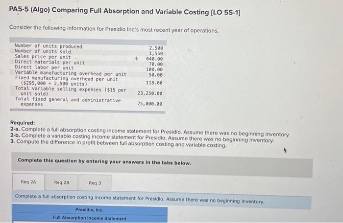 Solved PA5-5 (Algo) Comparing Full Absorption and Variable | Chegg.com