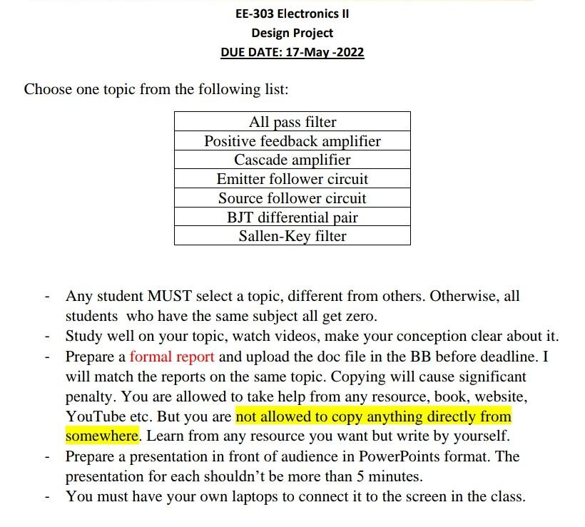 Solved EE-303 Electronics II Design Project DUE DATE: | Chegg.com