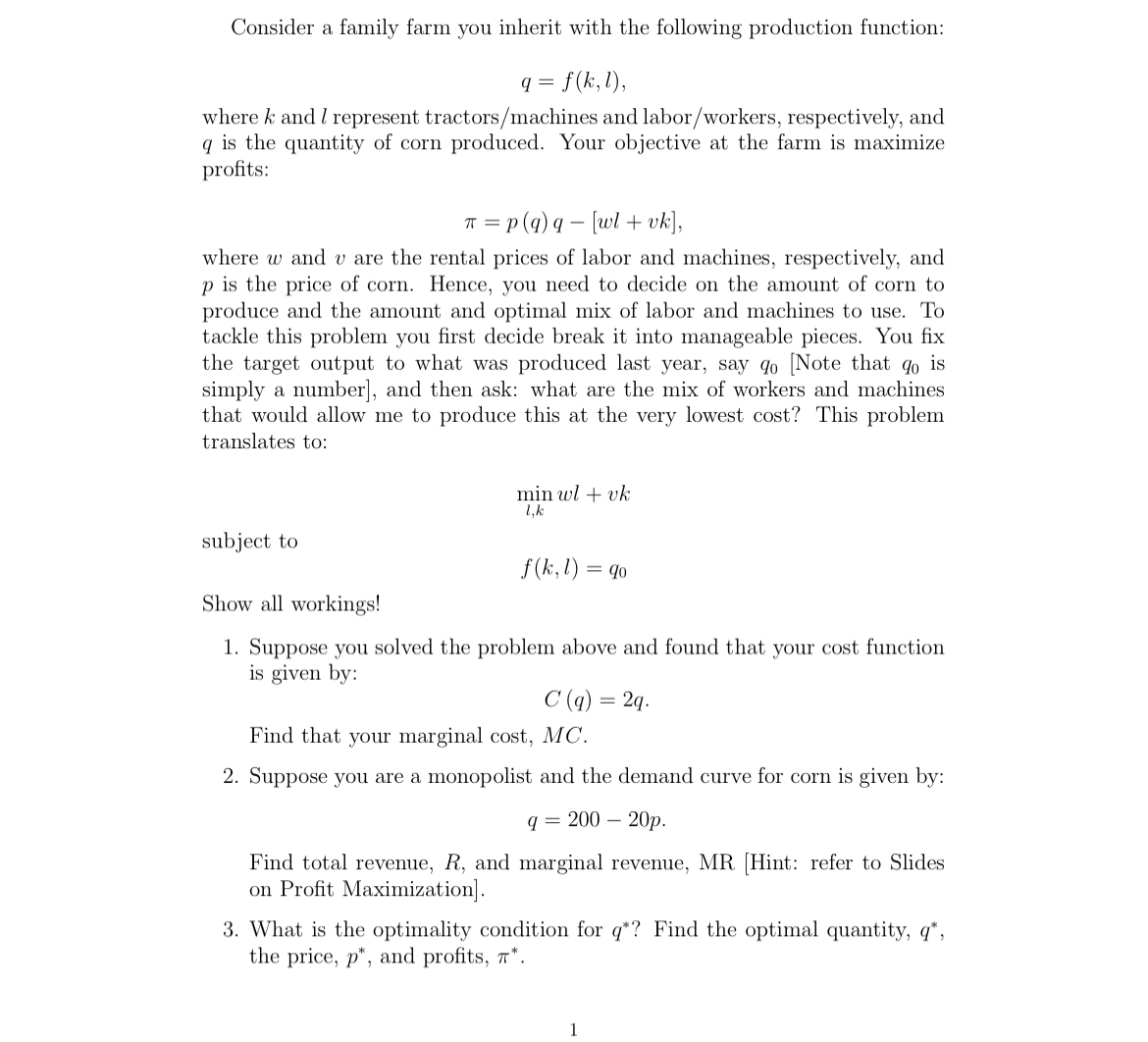 Solved Consider a family farm you inherit with the following | Chegg.com
