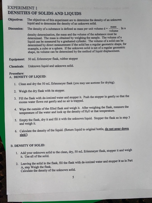 Solved EXPERIMENT 1 DENSITIES OF SOLIDS AND LIQUIDS | Chegg.com