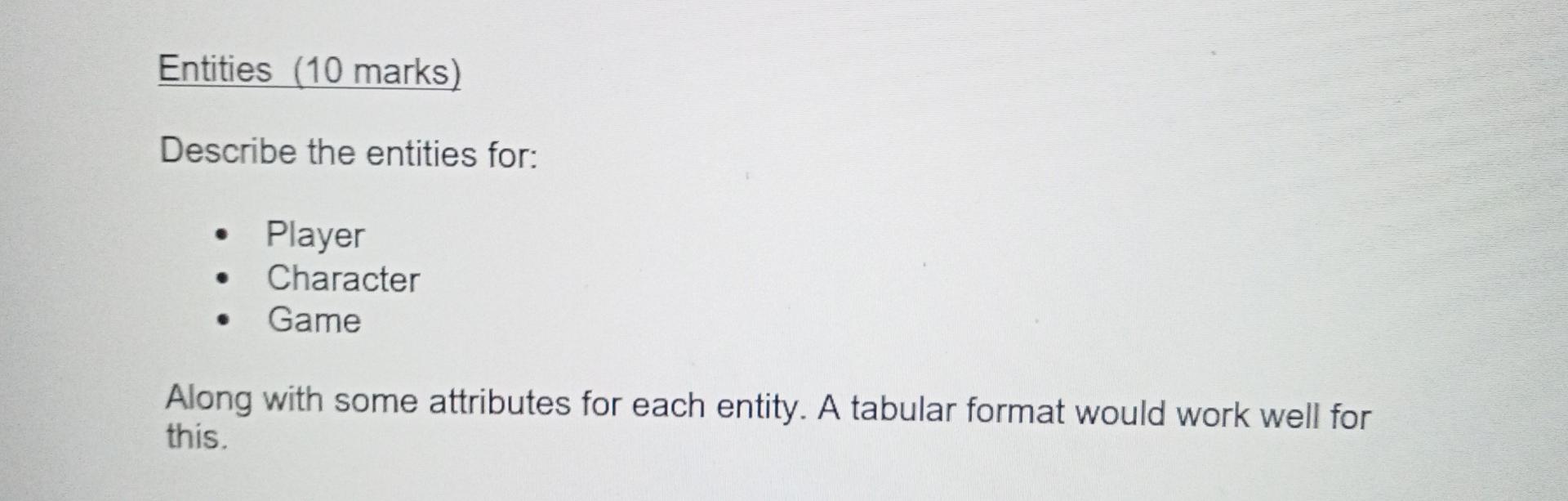 Entities (10 marks) Describe the entities for: Player | Chegg.com