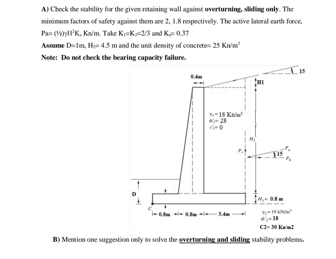 Solved A) Check the stability for the given retaining wall | Chegg.com