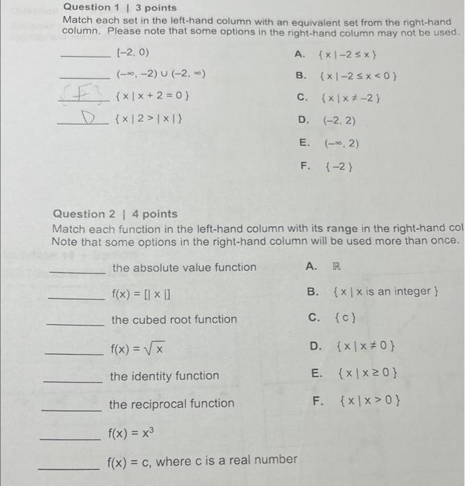 Solved Question 1 I 3 points Match each set in the left-hand | Chegg.com