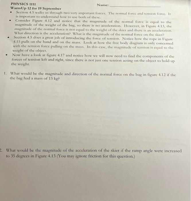 PHYSICS 1111 WarmUp 12 for 19 September Name: - | Chegg.com