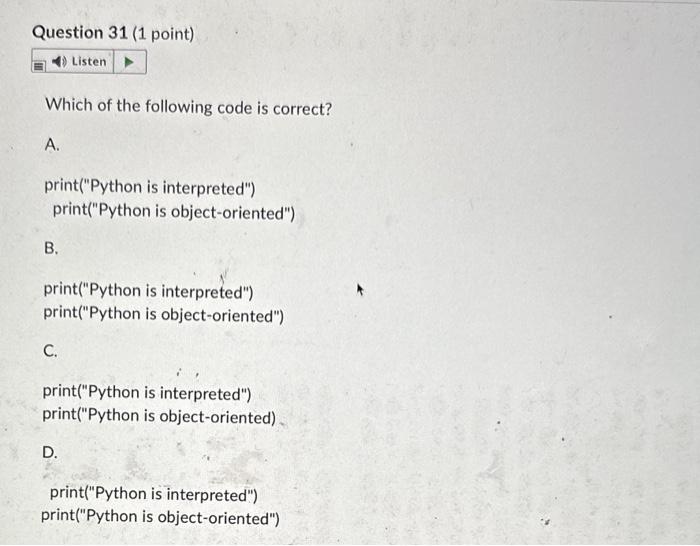 Solved Question 31 (1 point) Which of the following code is | Chegg.com