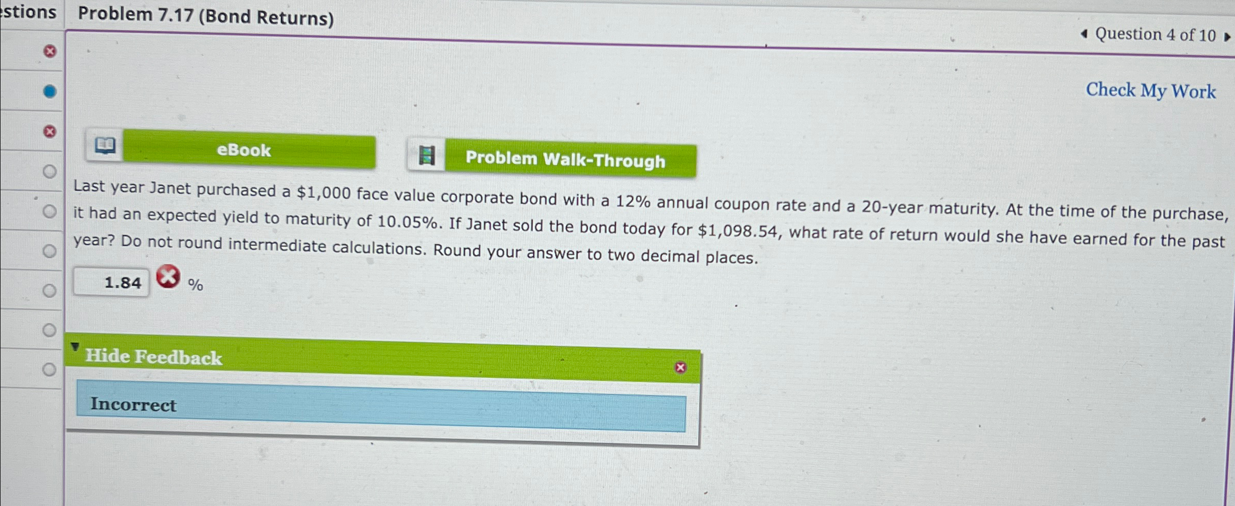Solved Problem 7.17 (Bond Returns)Question 4 ﻿of 10Check My | Chegg.com
