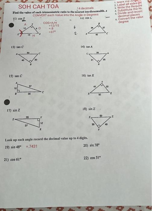 Solved SOH CAH TOA 14 decimals Find the value of each | Chegg.com