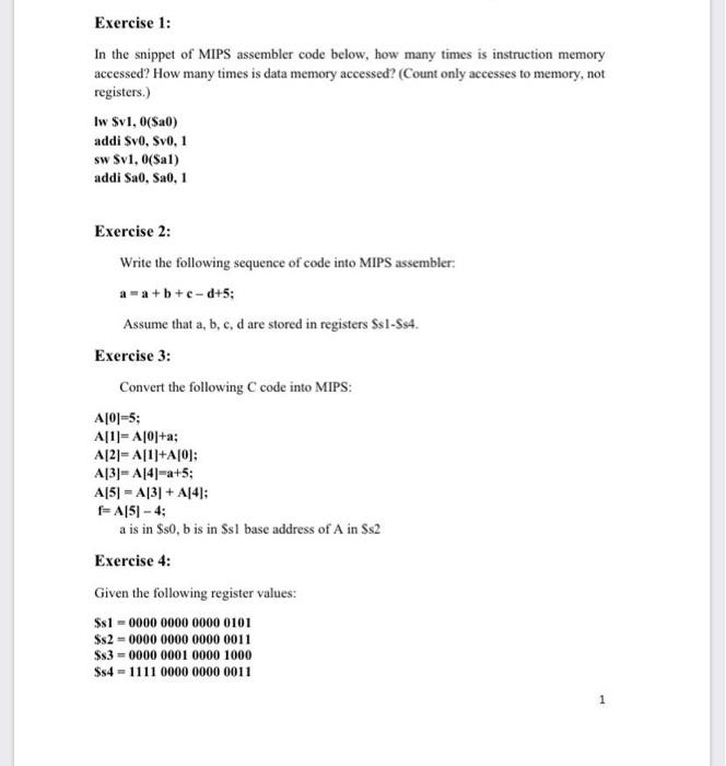 Solved Exercise 1: In the snippet of MIPS assembler code | Chegg.com