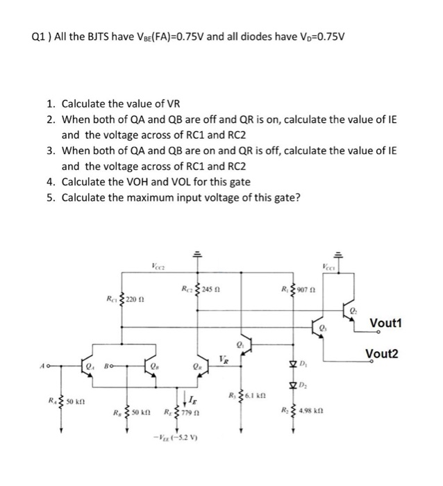 Q1 ) All the BJTS have VBE(FA)=0.75V and all diodes | Chegg.com