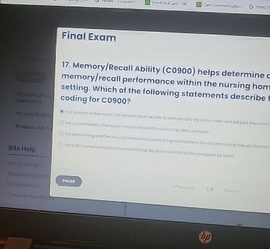 Solved Memory/Recall Ability (C0900) ﻿helps | Chegg.com