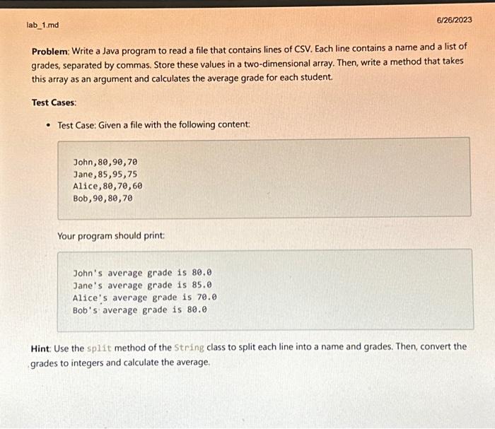 lab_1.md Problem: Write a Java program to read a file | Chegg.com