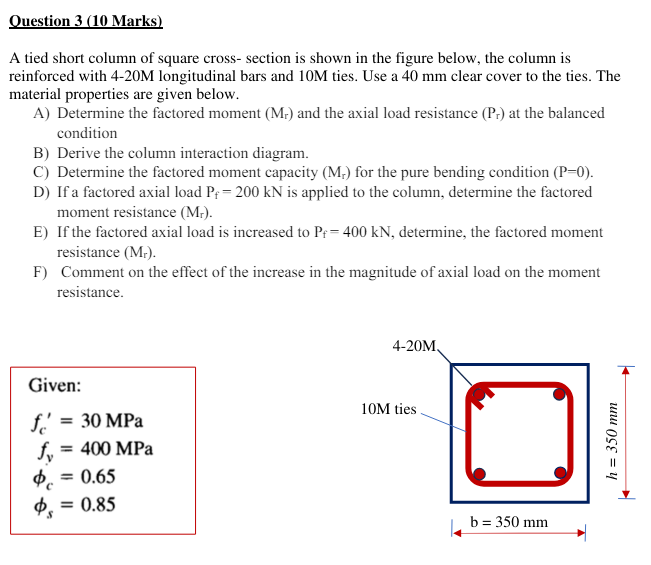 Solved Ouestion 3 (10 ﻿Marks)A tied short column of square | Chegg.com