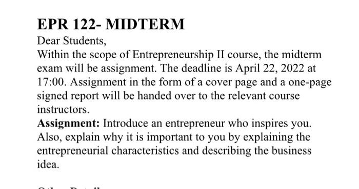 EPR 122- MIDTERM Dear Students, Within the scope of | Chegg.com