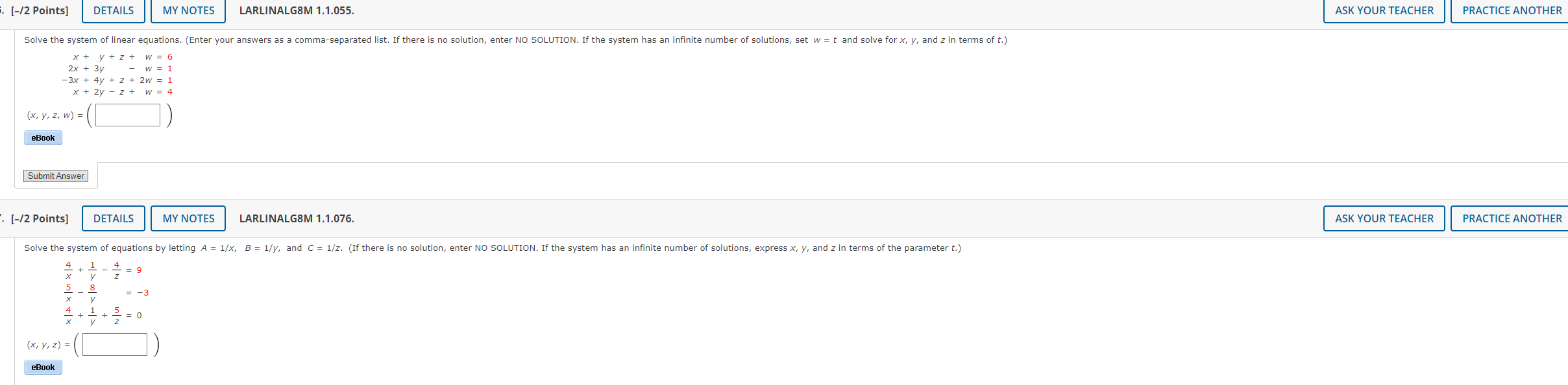 Solved [-/2 ﻿Points]Solve the system of linear equations. | Chegg.com