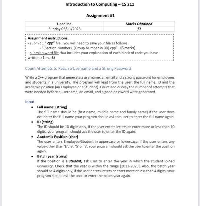 Solved Introduction to Computing - CS 211 Assignment \#1 | Chegg.com