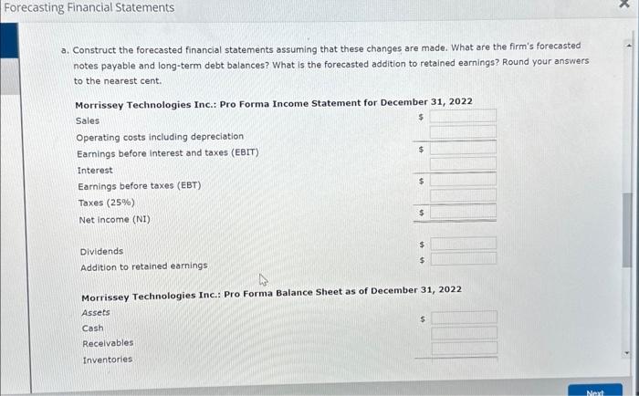 Solved a. Construct the forecasted financial statements | Chegg.com