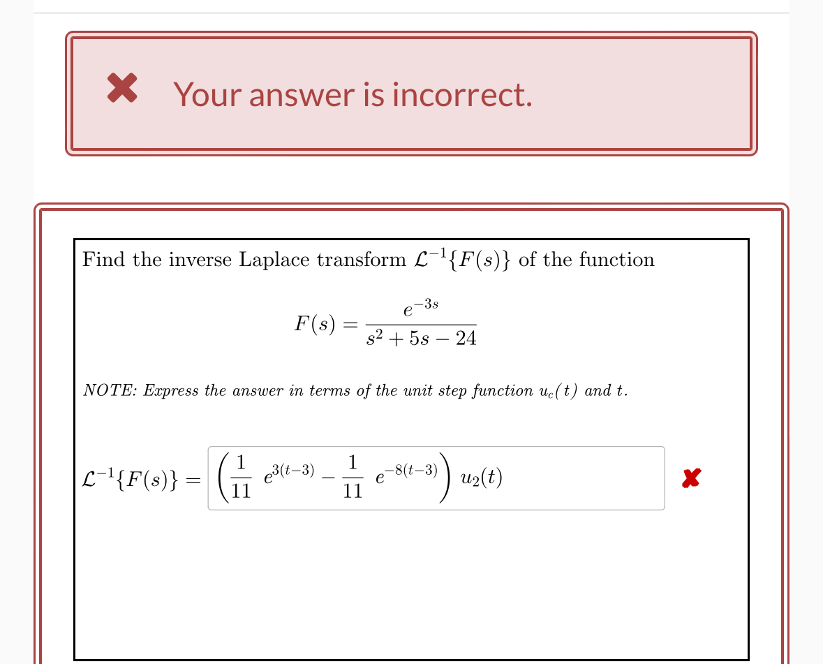 Solved Your answer is incorrect.Find the inverse Laplace | Chegg.com
