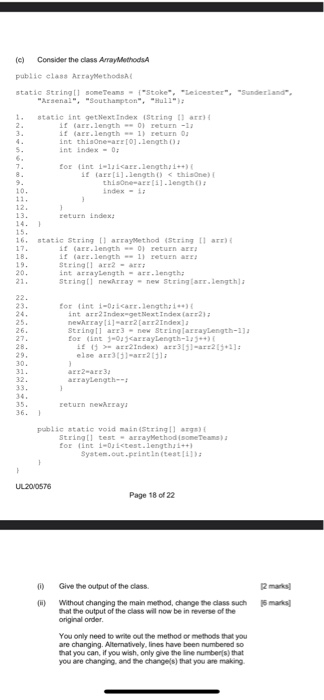 Solved (c) Consider the class Array Methods public class | Chegg.com