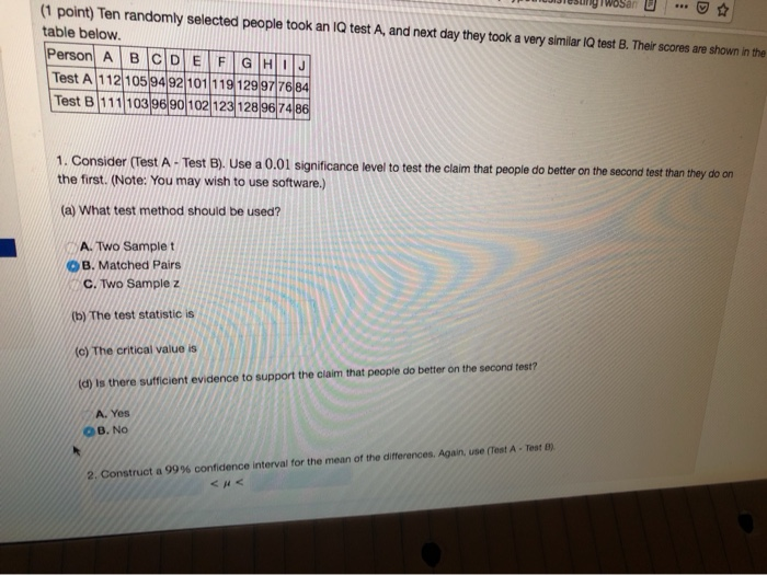 Solved (1 point) Ten randomly selected people took an IQ | Chegg.com