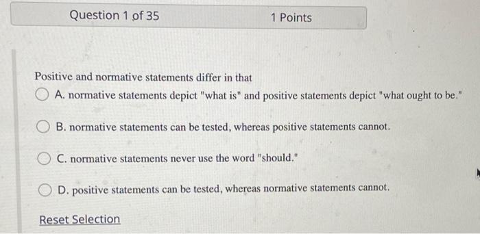 Solved Question 1 of 35 1 Points Positive and normative | Chegg.com
