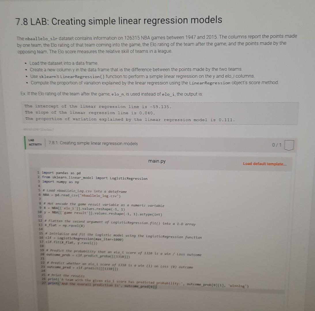 Solved 7.8 LAB: Creating simple linear regression models The | Chegg.com