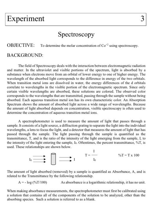 Solved Experiment 3 Spectroscopy OBJECTIVE: To determine the | Chegg.com