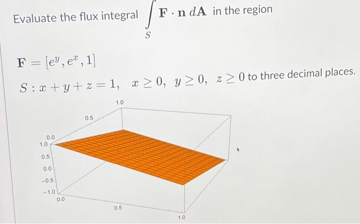 Solved Evaluate the flux integral 0.0 F = [e, e, 1] S: | Chegg.com