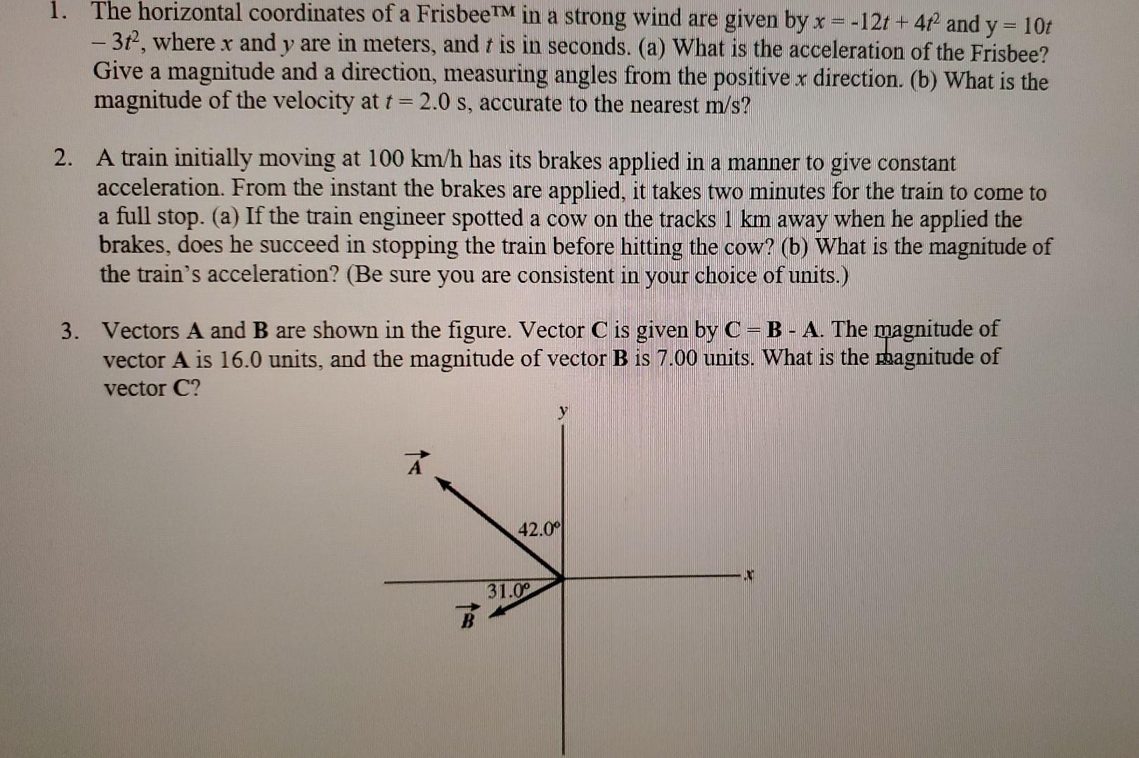 Solved 1. The horizontal coordinates of a Frisbee TM in a | Chegg.com