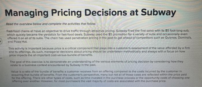 Solved Managing Pricing Decisions at Subway Read the | Chegg.com