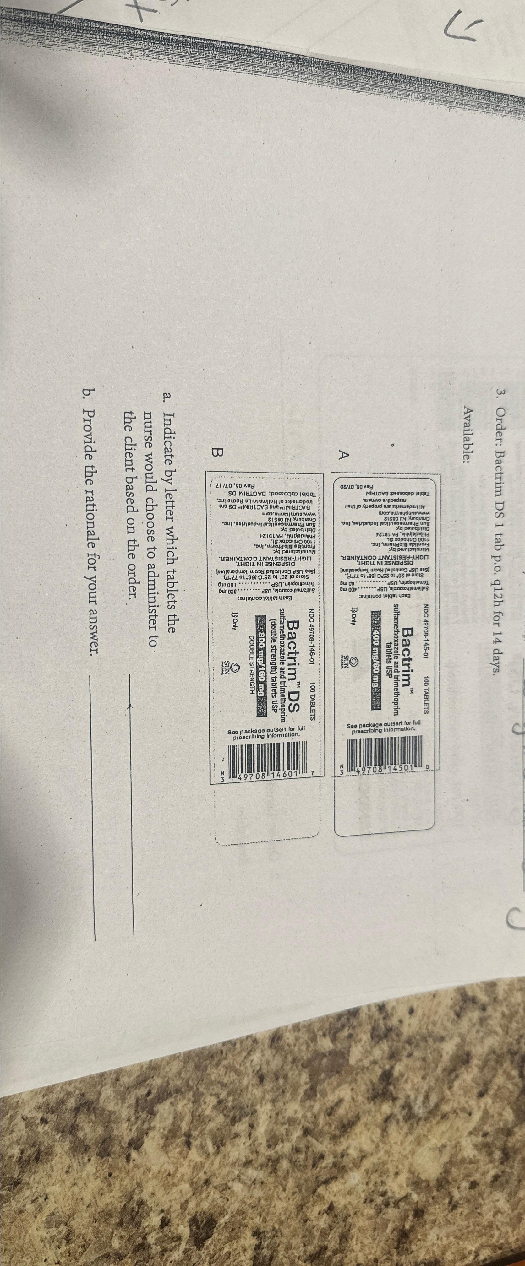 Solved Order: Bactrim DS 1 ﻿tab p.o. ﻿q12h for 14 | Chegg.com