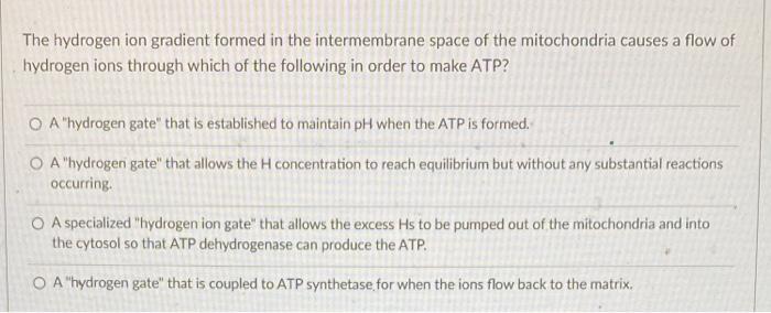 Solved The hydrogen ion gradient formed in the intermembrane | Chegg.com